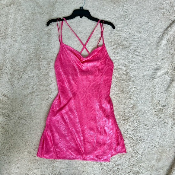Zara | Dresses | Zara Hot Pink Jacquard Satin Micro Mini Slip Dress ...